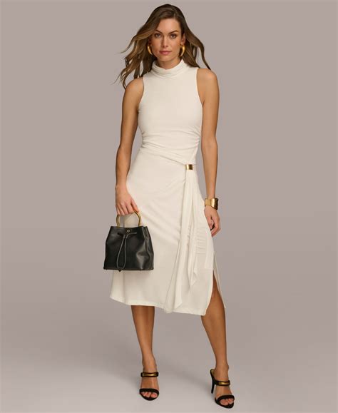 Donna Karan Womens Mock Neck Faux Wrap Dress In Cream Modesens