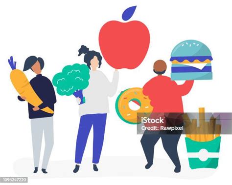 음식 아이콘 그림을 들고 사람들의 문자 감자 요리에 대한 스톡 벡터 아트 및 기타 이미지 감자 요리 건강에 좋지 않은 음식 도넛 Istock