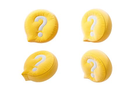 흰색 물음표가 있는 노란색 플러시 쿠션이 흰색 배경에 다양한 각도로 표시됩니다 3d 렌더링 3차원 형태에 대한 스톡 사진 및 기타 이미지 Istock