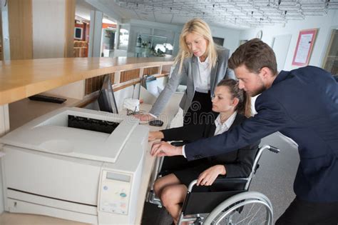 Happy Handicapped Businesswoman Working On Computer In Office Stock