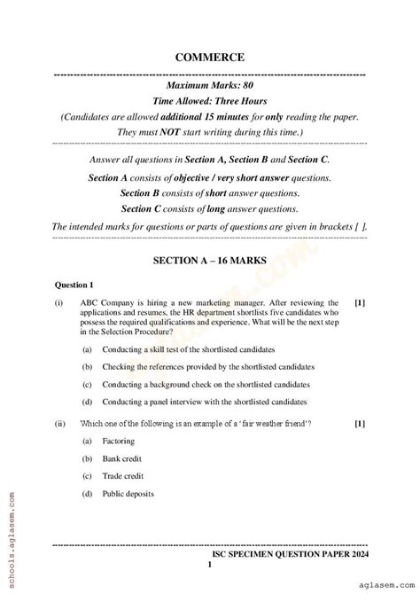 Isc Class 12 Commerce Specimen Paper 2024 Pdf Oneedu24