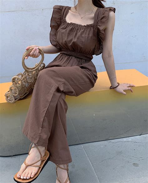 어썸 프릴 린넨 롱 점프수트 에이블리