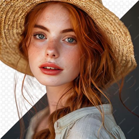 Premium Psd Beautiful Redhead Girl Posing In Straw Hat For Fashion