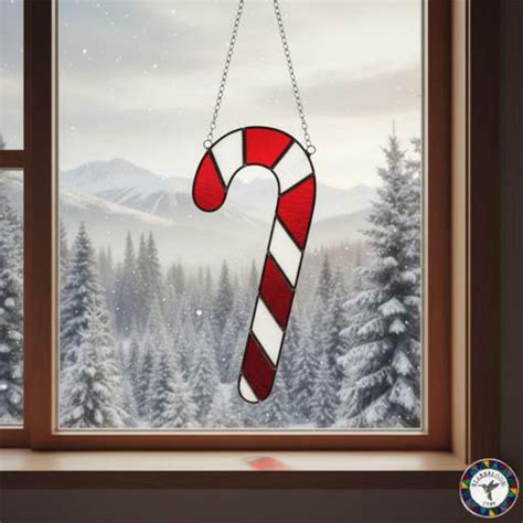 Candy Cane Stained Glass Pattern Christmas Suncatcher Holiday Decor
