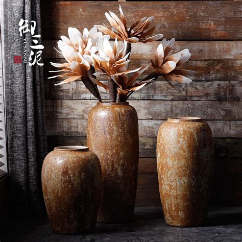 落地花瓶复古手工干花粗陶罐坛子庭院商场花器土陶仿古水培大花盆 虎窝淘