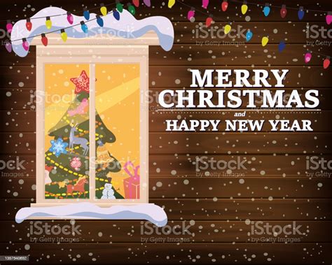 크리스마스 창 밤 장식 화환 복고풍 거실 크리스마스 트리 Xmas 및 새해 휴일 축하 벡터 일러스트 플랫 만화 스타일 벽난로에 대한 스톡 벡터 아트 및 기타 이미지 Istock