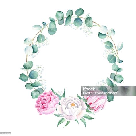 수채화 모란 유칼립투스 및 Gypsophila 가지 화환 흰색 배경에 격리 된 둥근 프레임 손으로 그린 식물 그림입니다 청첩장의 경우 날짜 인사말 카드 로고 인쇄물을