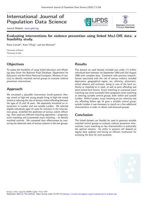 Pdf Evaluating Interventions For Violence Prevention Using Linked Moj Dfe Data A Feasibility
