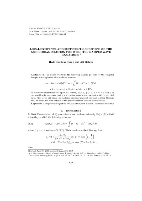 Pdf Local Existence And Sufficient Conditions Of The Non Global Solution For Weighted Damped