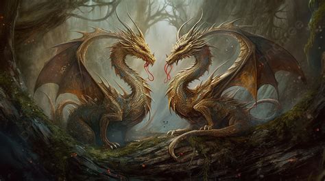 숲에서 두 개의 황금 용 용의 신화적인 그림 배경 일러스트 및 사진 무료 다운로드 Pngtree