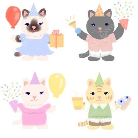 생일 파티 귀여운 고양이 스티커 세트 생신 파티 페인트 Png 일러스트 및 Psd 이미지 무료 다운로드 Pngtree