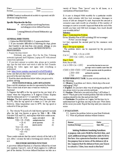 Procedures Solving Problems Involving Functions Pdf Function