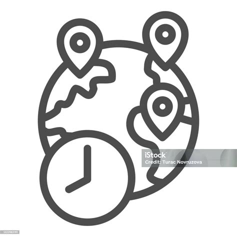 핀과 시계 라인 아이콘 전 세계 배달 기호 흰색 배경에 행성 지구 벡터 기호에 위치 개요에 포인트 아이콘 빠른 물류 글로벌 배달 글로브 벡터 10에 대한 스톡 벡터 아트 및