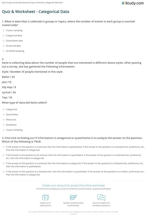Quiz Worksheet Categorical Data Study