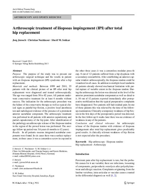 Pdf Arthroscopic Treatment Of Iliopsoas Impingement Ipi After Total