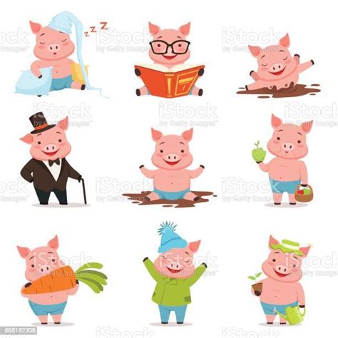 서로 다른 상황에서 재미 있는 작은 돼지 설정합니다 화려한 만화 캐릭터 벡터 일러스트 귀여운에 대한 스톡 벡터 아트 및 기타 이미지 귀여운 꼬리 날씨 Istock