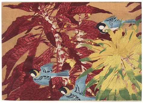 Rakusan Tsuchiya 1896 1976 Tricolor Amaranth And Great Tits Early