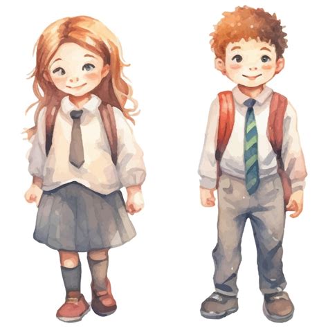 Милые иллюстрации школьников нарисованные акварелью на белом фоне Премиум векторы