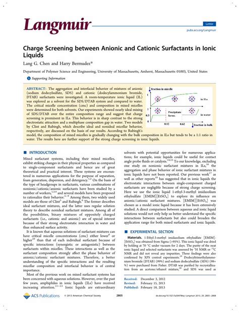 Pdf Charge Screening Between Anionic And Cationic Surfactants In