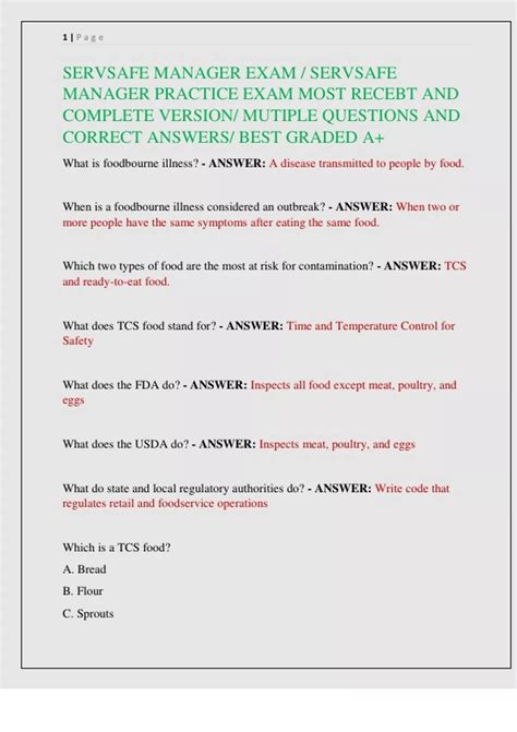 Servsafe Manager Exam Servsafe Manager Practice Exam Most Recebt And Complete Version Mutiple