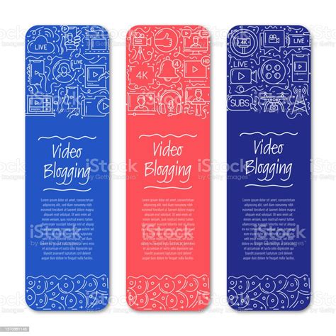 비디오 콘텐츠 및 Vlog 관련 개체 및 요소 손으로 그린 벡터 낙서 일러스트 레이션 컬렉션 다른 비디오 콘텐츠 및 Vlog 개체가 있는 배너 템플릿 0명에 대한 스톡 벡터