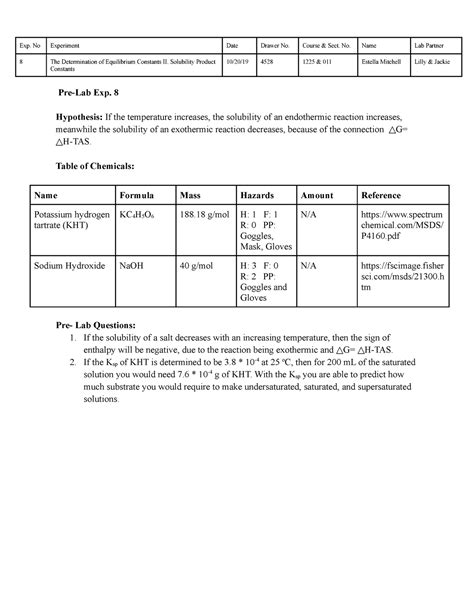 Pre Lab Exp 8 General Chemistry Ii Lab Pre Lab Assignment For Exp 8 Exp No Experiment