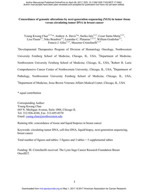 Pdf Concordance Of Genomic Alterations By Next Generation Sequencing Ngs In Tumor Tissue