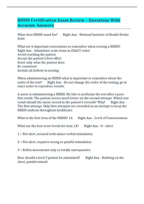 Nihss Certification Exam Review Questions With Accurate Answers Nihss Stuvia Us