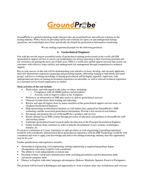 Job Vacancy Geotechnical Engineer And Graduate Gt Engineer Pt Groundprobe Indonesia Pdf