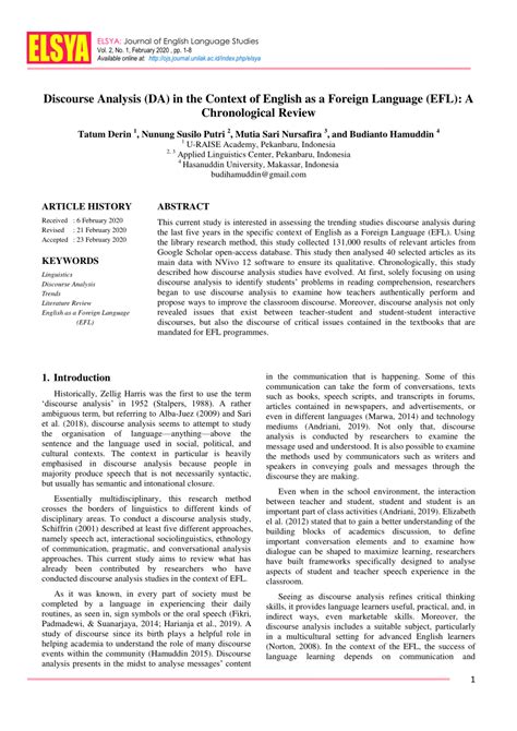Pdf Discourse Analysis Da In The Context Of English As A Foreign