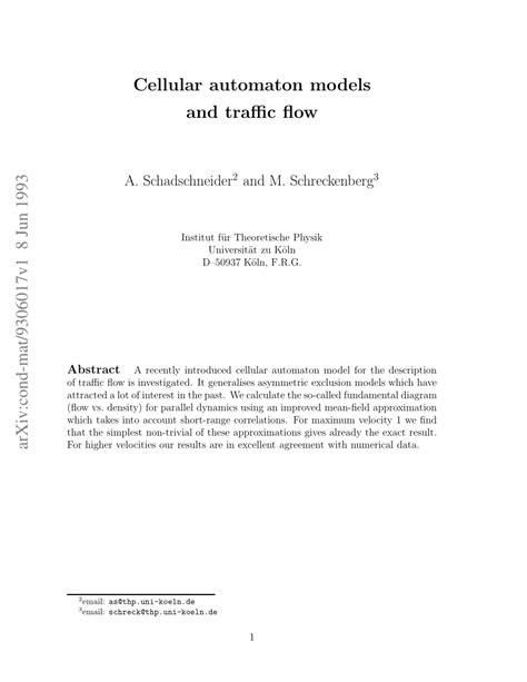 Pdf Cellular Automation Models And Traffic Flow