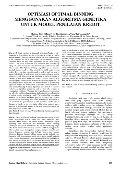 Pdf Optimasi Optimal Binning Menggunakan Algoritma Genetika Untuk