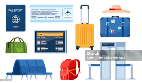 공항 터미널 디자인 요소 비행기로 여행 물체 세트 수하물 금속 탐지기 항공권 여권 안내판 라운지 좌석 항공 여행 개념입니다 관광 벡터 일러스트 레이 션입니다 게이트에 대한