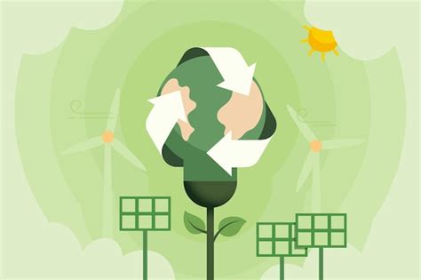 녹색 하늘 배경에 지구 태양 에너지와 풍력 터빈이 있는 녹색 전구 프리미엄 벡터