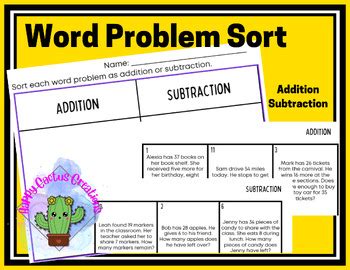 Addition And Subtraction Word Problem Sort By Happy Cactus Creations