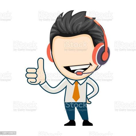 이어폰을 착용하고 괜찮은 제스처를 보여주는 행복한 사업가 만화 스타일의 성공적인 사업가 개념 가리키기에 대한 스톡 벡터 아트 및 기타 이미지 Istock