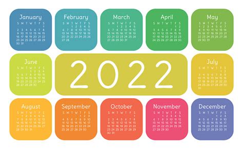 캘린더 2022 년 영어 다채로운 벡터 수평 벽 또는 포켓 캘린더 디자인 템플릿 새해 일요일부터 시작되는 주 0명에 대한 스톡 벡터 아트 및 기타 이미지 Istock