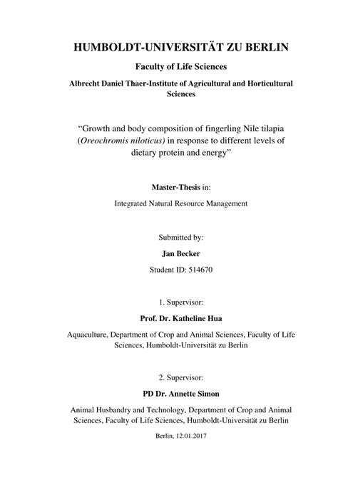 Pdf Growth And Body Composition Of Fingerling Nile Tilapia Oreochromis Niloticus In Response