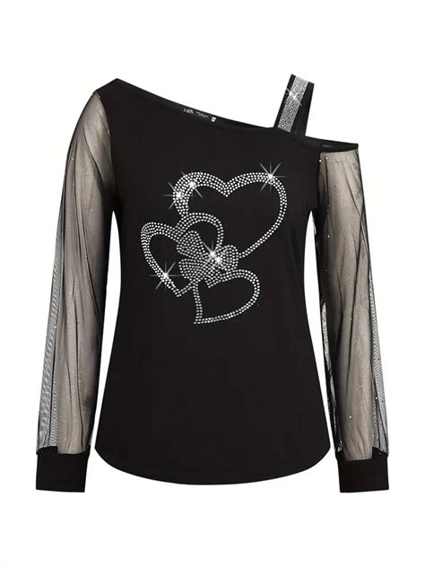 نمط القلب راينستون كولد شولدر تي شيرت ، قميص عاري الكتفين Temu Saudi