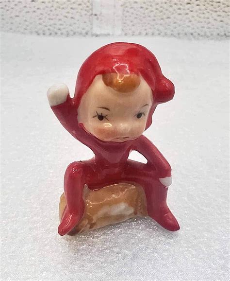 1950s Vintage Retro Mini Pixie Japan Cute Collectible Elf Minature Sitting And Waving In Red