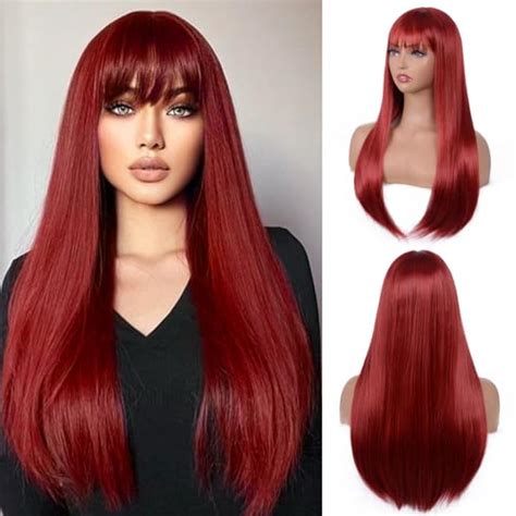 Red Wig With Bangs Long Straight Red Wig For Women Heat Resistant