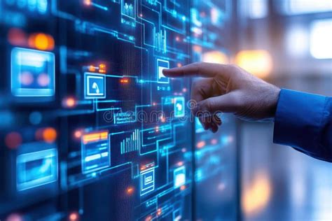 High Technology Digital Interface With A Person Interacting With Futuristic Touchscreen Control