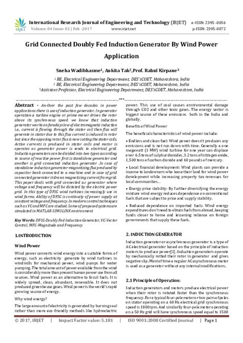 Pdf Grid Connected Doubly Fed Induction Generator By Wind Power Application