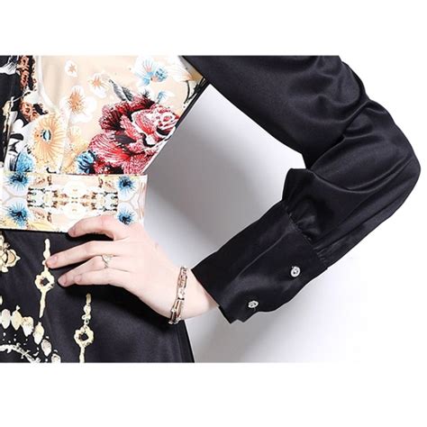 봄 꽃 인쇄 된 옷깃을 인쇄 한 허리 긴 소매 드레스 여성용 색상 색상 크기 Xl