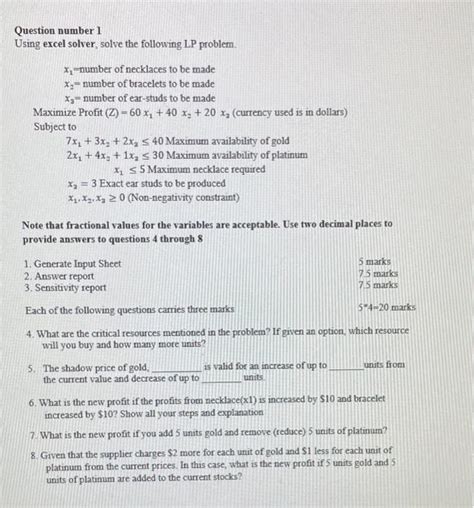 Solved Question Number 1 Using Excel Solver Solve The