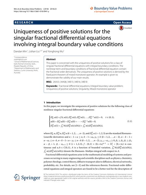Pdf Uniqueness Of Positive Solutions For The Singular Fractional Differential Equations