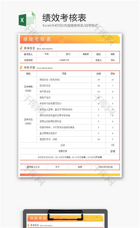 绩效考核表excel模板 免费excel表格模板下载 千库网
