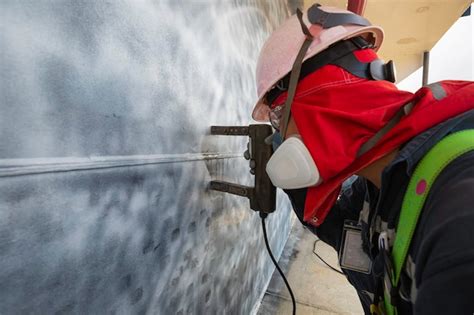 높은 테스트 강철 탱크 맞대기 용접 탄소 쉘 플레이트 저장 탱크 원유 배경 자기장 테스트의 남성 작업자 프리미엄 사진