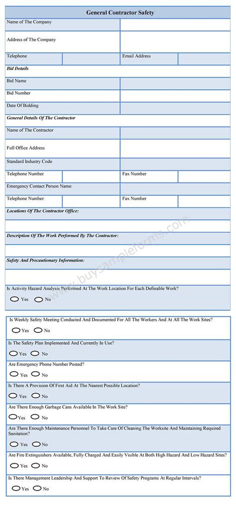 General Contractor Safety Form Sample Forms