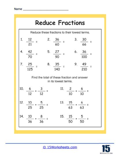 Reducing Fractions Worksheets Simplifying 15
